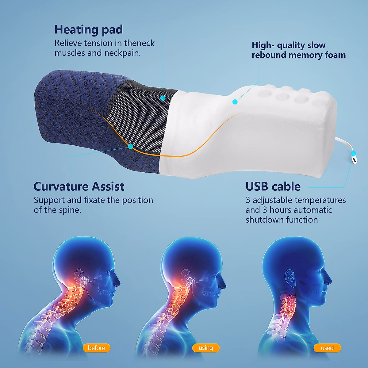 Neck Roll Pillows for Pain Relief Sleeping, Heated Memory Foam Cervical Neck Support Pillow for Bed with USB Graphene Heating for Stiff Neck Pain Relief (Dark Blue)