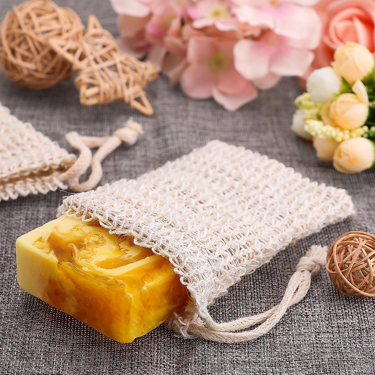 BBTO 5 Pieces Soap Saver Bag Natural Sisal Exfoliating Soap Pouch for Foaming and Drying, Shower, Scrubber(9 x 14 cm,Beige)