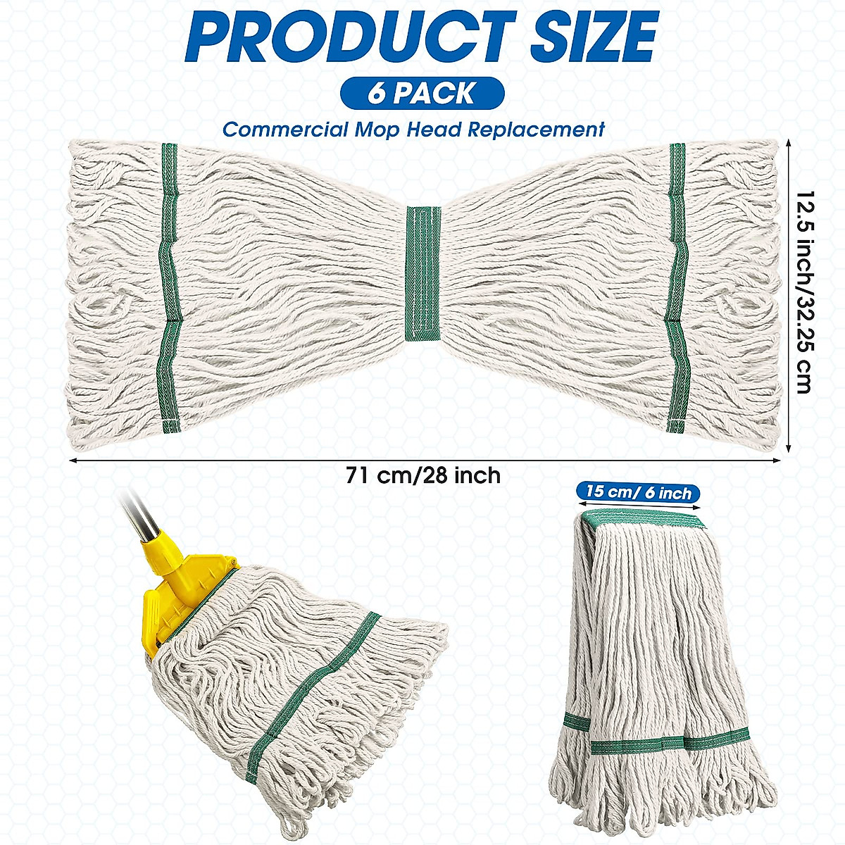 6 Pack Heavy Loop End Cotton String Mop Head Heavy Duty Mop Head Commercial Refills Mop Head Replacement for Home Industrial Commercial Cleaning (White, Green)