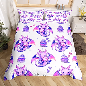 Feelyou Cartoon Dragon Bedding Set Twin Size Kids Dragon Egg Print Comforter Cover Set for Boys Girls Wild Animal Duvet Cover 3D Dragon Purple Bedspread Cover Room Decor Quilt Cover