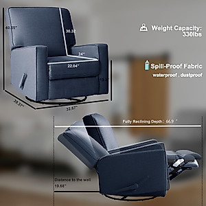 Harkawon Swivel Rocker Recliner Chair, Glider Rocker Recliner, Rocking Chair Nursery, Fabric Chair with High Back, Deep Seat, for Living Room, Bedroom, Blue