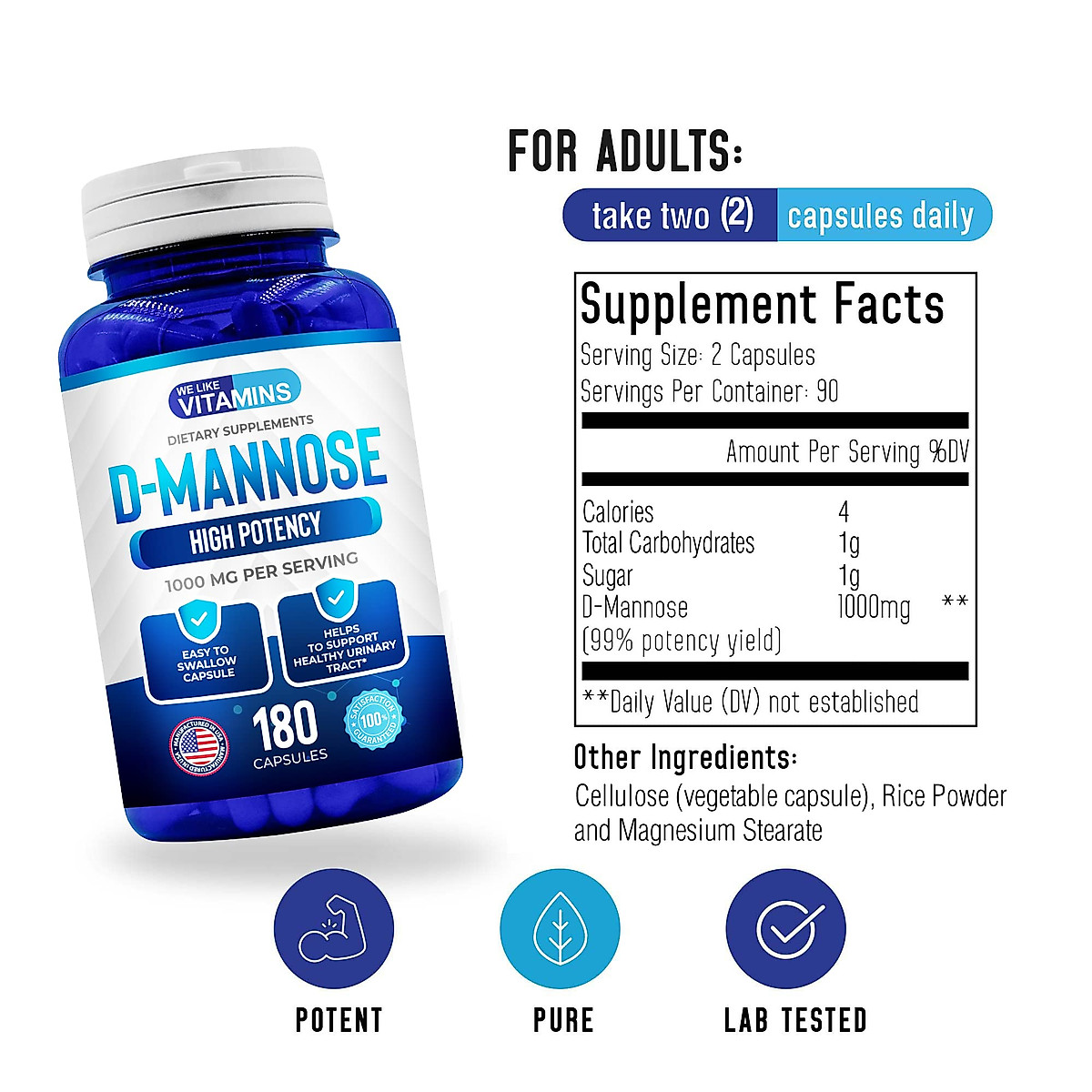 We Like Vitamins D-Mannose Capsules 1000mg per Serving - 180 Easy to Swallow Veggie Capsules - Cranberry D Mannose Supplement Helps Support Bladder and Urinary Tract Health