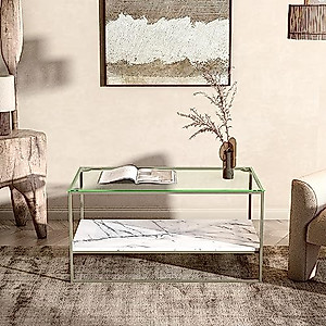 Tilly Lin 35" Elegant 2 Tier Glass Top Coffee Table with White Faux Marble and Gold Metal Legs, Rectangular Cocktail Table with Storage for Living Room