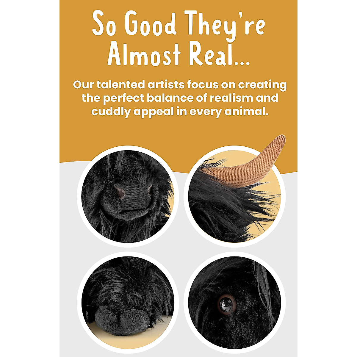 Living Nature Highland Cow Black Stuffed Animal | Farm Toy with Sound | Soft Toy Gift for Kids | 9 Inches