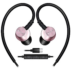 Hmusic Sports Earbuds Wired with Microphone, USB Type C Metal Shell Earplugs in-Ear Headphones with Over Ear Hook Earphones for Sports, Running, Workout, Exercising, Gym (Pink)