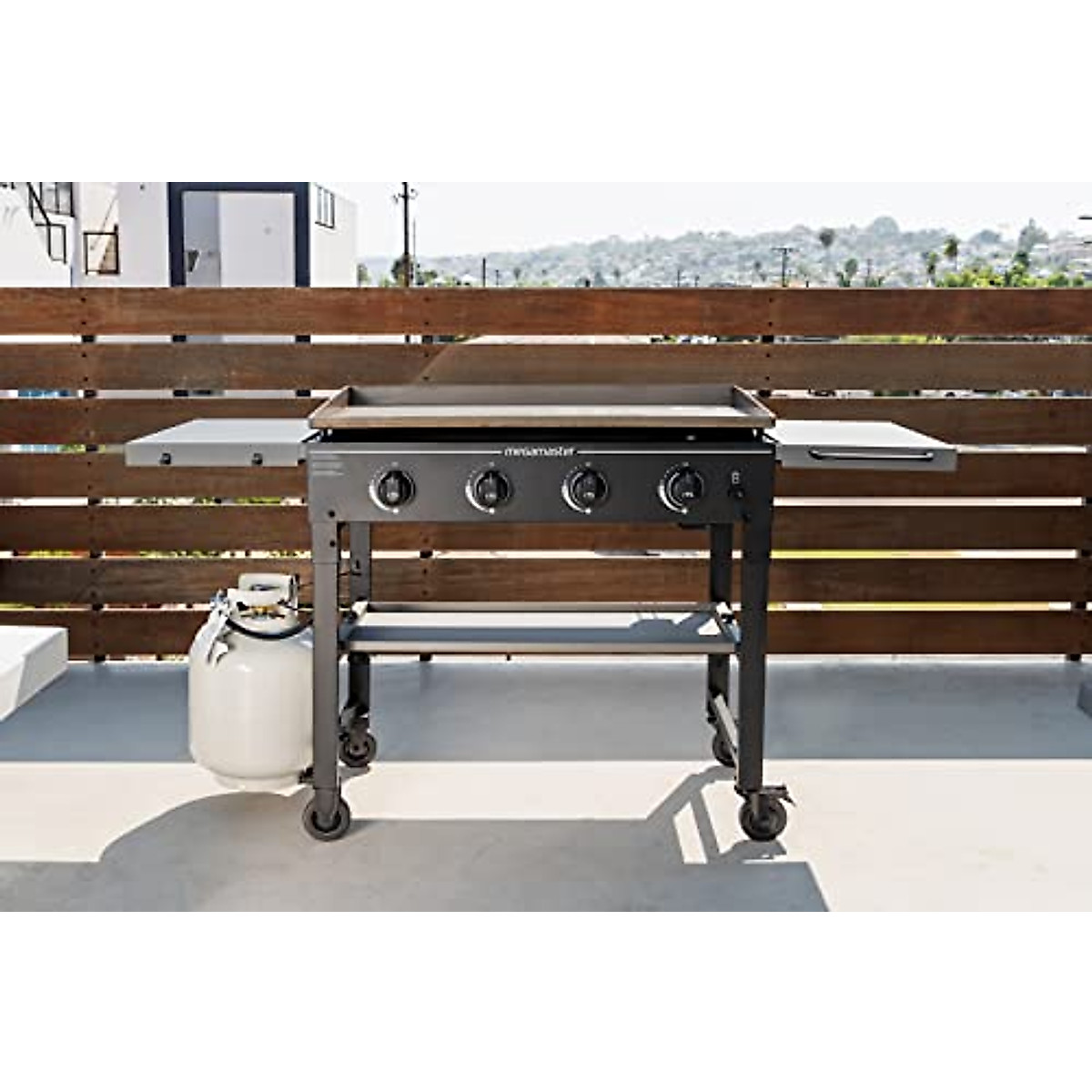 Megamaster 720-0786F Outdoor Portable Cooking 4-Burner Propane Gas Griddle Grill, Flat Top for Camping, Outdoor Cooking, Patio, Garden, Cart with Caster, Side Shelves with Hooks, Black and Grey