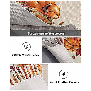 Fall Kitchen Runner Rug 2x5 Bedside Rug with Tassel Cotton Woven Throw Rugs Washable Hallway Runner Rug Thanksgiving Orange Pumpkin Maple Leaf Beige Floor Carpet for Bedroom Bathroom Living Room
