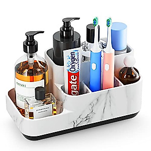 Jxvtomv Toothbrush Holder for Bathroom, Bathroom Organizer Countertop, Bathroom Storage Organizer for Toothpaste/Vanity Countertop and Other Items, 5 Compartments, White Marble Color