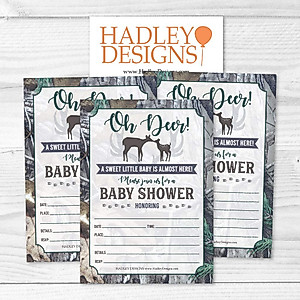 25 Blue Deer Baby Shower Invitations, Sprinkle Invite For Boy, Coed Forest Rustic Gender Reveal Theme, Cute Camouflage Buck DIY Fill or Write In Blank Printable Card, Woodland Forest Party Supplies