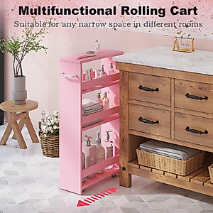 MARTY Pink Slim Storage Cart, 4-Tier Rolling Bookshelf Kitchen Cart with Wheels, Laundry Room Organization with Handle Slide Out Utility Cart Shelving Unit Trolley for Narrow Places