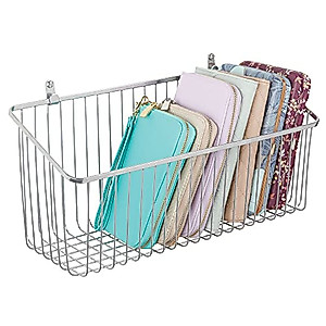 mDesign Portable Metal Farmhouse Wall Decor Angled Storage Organizer Basket Bin for Hanging in Entryway, Mudroom, Bedroom, Bathroom, Laundry Room - Wall Mount Hooks Included, Large - Chrome