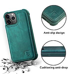 VANAVAGY Compatible with iPhone 14 Pro Max Wallet Case for Women and Men, Leather Flip Folio Phone Cover Fits Magnetic Car Mount with Credit Card Holder, Midnight Green