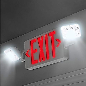 LFI Lights | Combo Red Exit Sign with Emergency Lights | White Housing | All LED | Two Adjustable Square Heads | Hardwired with Battery Backup | UL Listed | (2 Pack) | COMBOLG-R