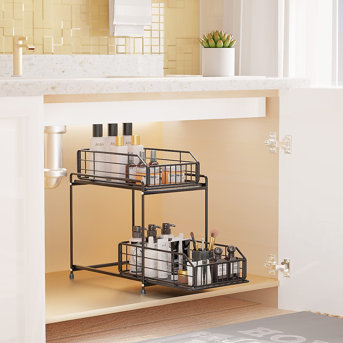 STILLDIO Metal Under Sink Organizer and Storage with 2 Tier Slide Out Wire Baskets Sliding Drawers for Kitchen Bathroom Office Toilet Under Cabinet Shelf Countertop Heavy Duty Collection Space Saver