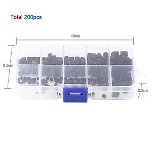 Screw Cup Assortment, Alloy Steel Hex Socket Head Grub Set Screw Cup Point Assortment Kit Insert Tools M3/M4/M5/M6/M8 200pcs with Box