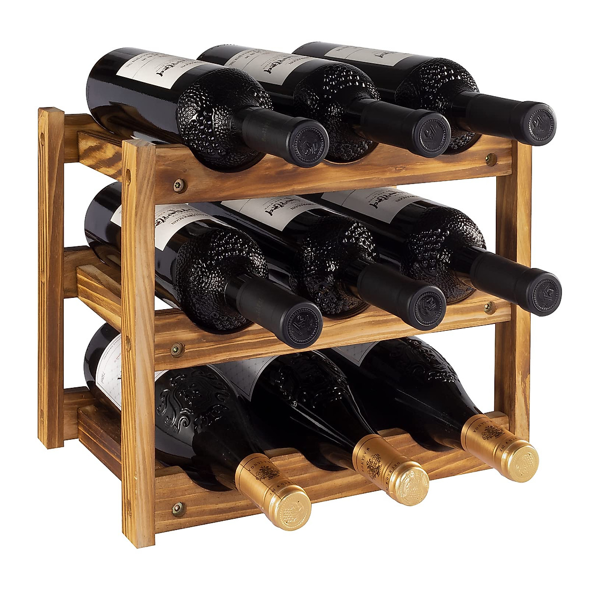 Wine Rack 9 Bottle 3-Tier Wood Wine Storage Easy-Assembly Space-Saving for Wine Lovers,Kitchen Wine Organizer for Countertop,Table Top,Pantry, Home,Room Decor,Bar,Cellar Basement (3-Tiers)