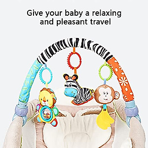 Adjustable Baby Travel Play Arch, Detachable Activity Musical Animal Toys Mobile for Bassinet Crib Stroller Pram Car Seat Mobiles Width Among 11.6-20.2 Inch with Rattles BB Squeaker Teether
