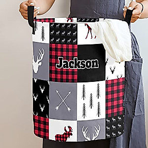 Buffalo Plaid Deer Woodland Personalized Waterproof Foldable Laundry Basket Bag with Handle, Custom Collapsible Clothes Hamper Storage Bin for Toys Laundry Dorm Travel Bathroom