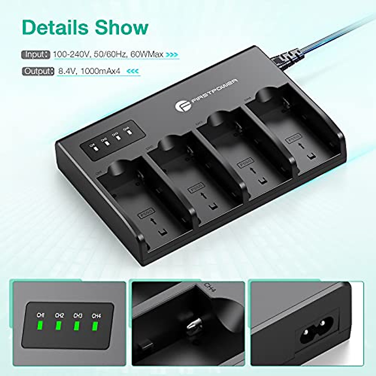 FirstPower 4-Channel Fast Charger for Sony NP-F550 NP-F570 NP-F750 NP-F770 NP-F930 NP-F950 NP-F960 NP-F970 Camera Battery
