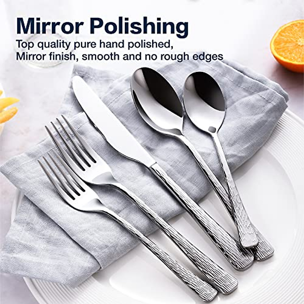 KINGSTONE Hammered Silverware Set, 40-Piece Flatware Set for 8, 18/10 Stainless Steel Premium Cutlery with Unique Ripple Handles Design Mirror Polished - Dishwasher Safe