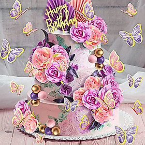 99 Pcs Purple Pink Cake Decorations Ball Butterfly Palm Leaves Flowers Happy Birthday Cake Topper Boho Cake Decorations Purple Pink Party Supplies for Wedding Baby Shower Birthday