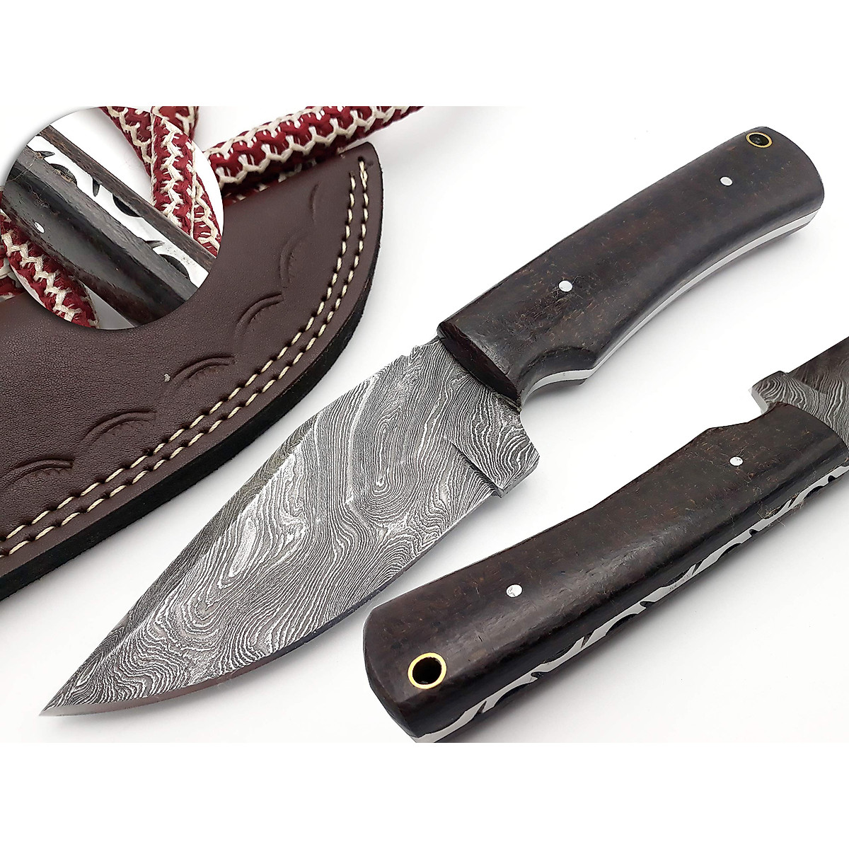 Nooraki SK-65 Handmade Damascus Hunting Knife 8.5 inches Full Tang Blade with Leather Sheath Skinner Knife, Exotic Walnut Wood Handle