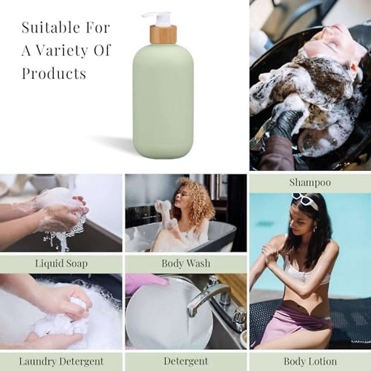 UMETASS 16.9 oz Plastic Bamboo Pump Dispenser Bottles, Shampoo and Conditioner Bottles, Refillable Container for Bathroom Shower Body Wash Lotion (16.9 oz, Green)