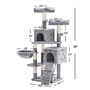 Hey-brother 58'' Multi-Level Cat Tree Condo Furniture with Sisal-Covered Scratching Posts, 2 Plush Condos, Hammock for Kittens, Cats and Pets Light Gray MPJ013M