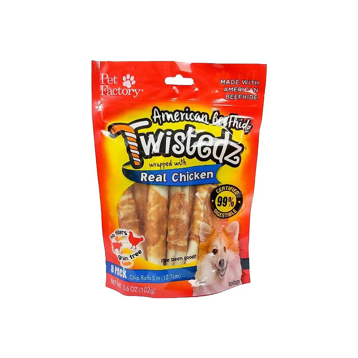 Pet Factory Twistedz American Beefhide 5" Chip Rolls Dog Chew Treats w/ Real Chicken Meat Wrap - 8 Count/1 Pack