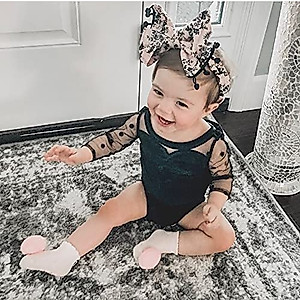 Hebuket Toddler Baby Girl Velvet Romper Long Sleeve Lace One Piece Jumpsuit Spring Solid Net Yarn Velour Bow-knot Bodysuit (Black, 12-18 Months)