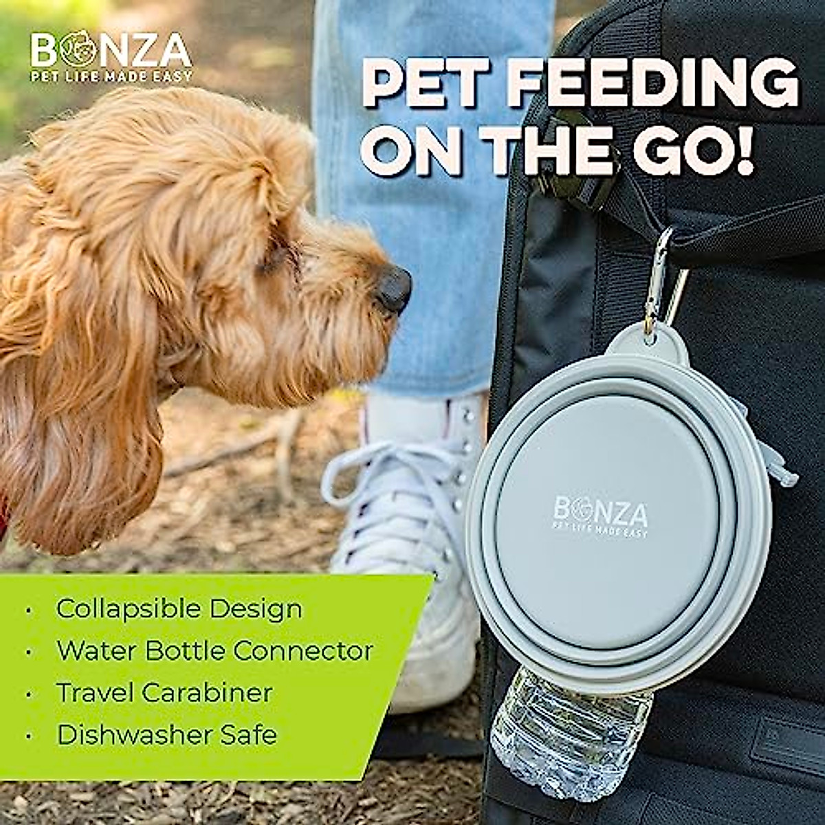 Bonza Large Collapsible Dog Bowl 1000 mL, Sturdy Reinforced Rim, Includes Carabiner & Water Bottle Holder Keychain