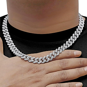 SAVEARTH DIAMONDS Certified 22 Carat Round Cut Lab Created Moissanite Diamond 12MM Width Cuban Chain Necklace in 14k White Gold Over Sterling Silver Necklace 20" Length,22.00 Cttw