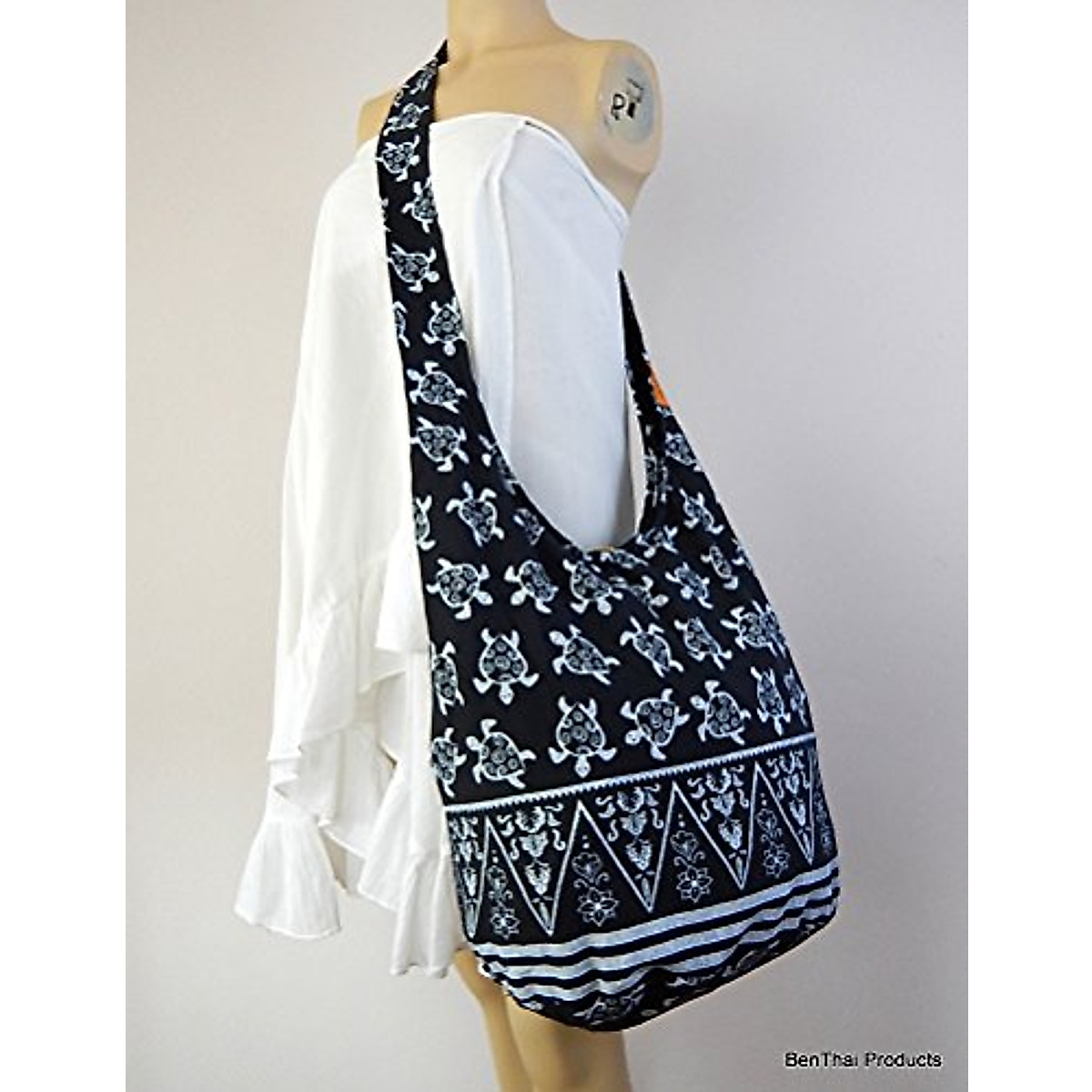 BTP! Turtle Sling Crossbody Shoulder Bag Purse Hippie Hobo Thai Cotton Gypsy Bohemian Large (Black OW1)