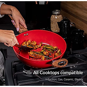 Phantom Chef 11" Deep Frypan 5 Qt Wok | Aluminum Body Non-Stick Ceramic Coating | With Soft Touch Stay Cool Handle | Dishwasher Safe | Non-Toxic PFOA & PTFE Free (Red)