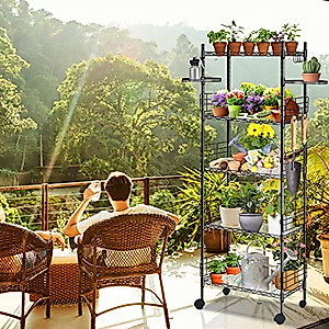 Hestiasko 5 Tier Storage Shelf with 2 Rotatable Shelves, Adjustable Storage Rack with 5 Hooks, Metal Shelf Rack, Standing Shelving Units for Bathroom, Kitchen, Garage[59.1"H x 21.7"W x 11.8"D]-Black