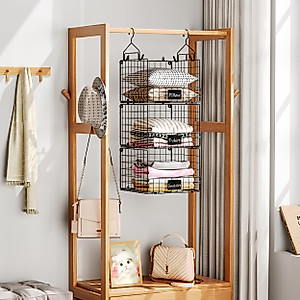 Sonyabecca 3-Tier Hanging Closet Organizer with Name Plate, Clothes Hanging Shelves 5 S Hooks, Wall Mount & Cabinet Foldable Wire Storage Basket, for Clothing Sweaters Handbags