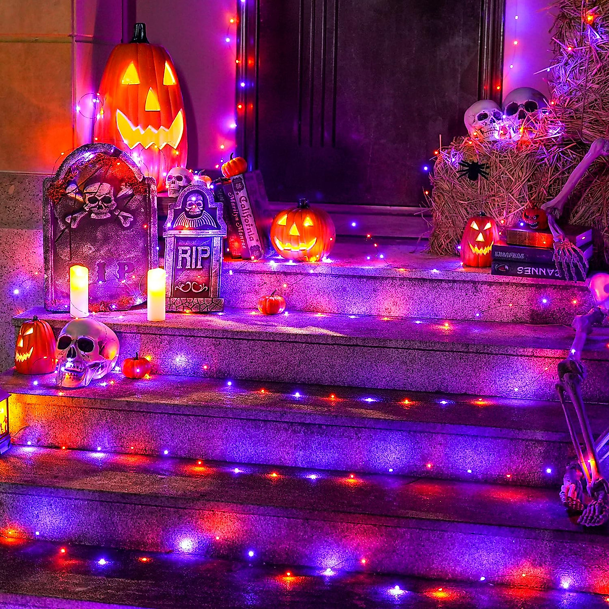 JMEXSUSS 66ft 200 LED Orange Purple Halloween Lights,2 Pack Solar Halloween String Lights, Outdoor Waterproof, 8 Modes Solar Fairy Lights for Garden Party Decorations
