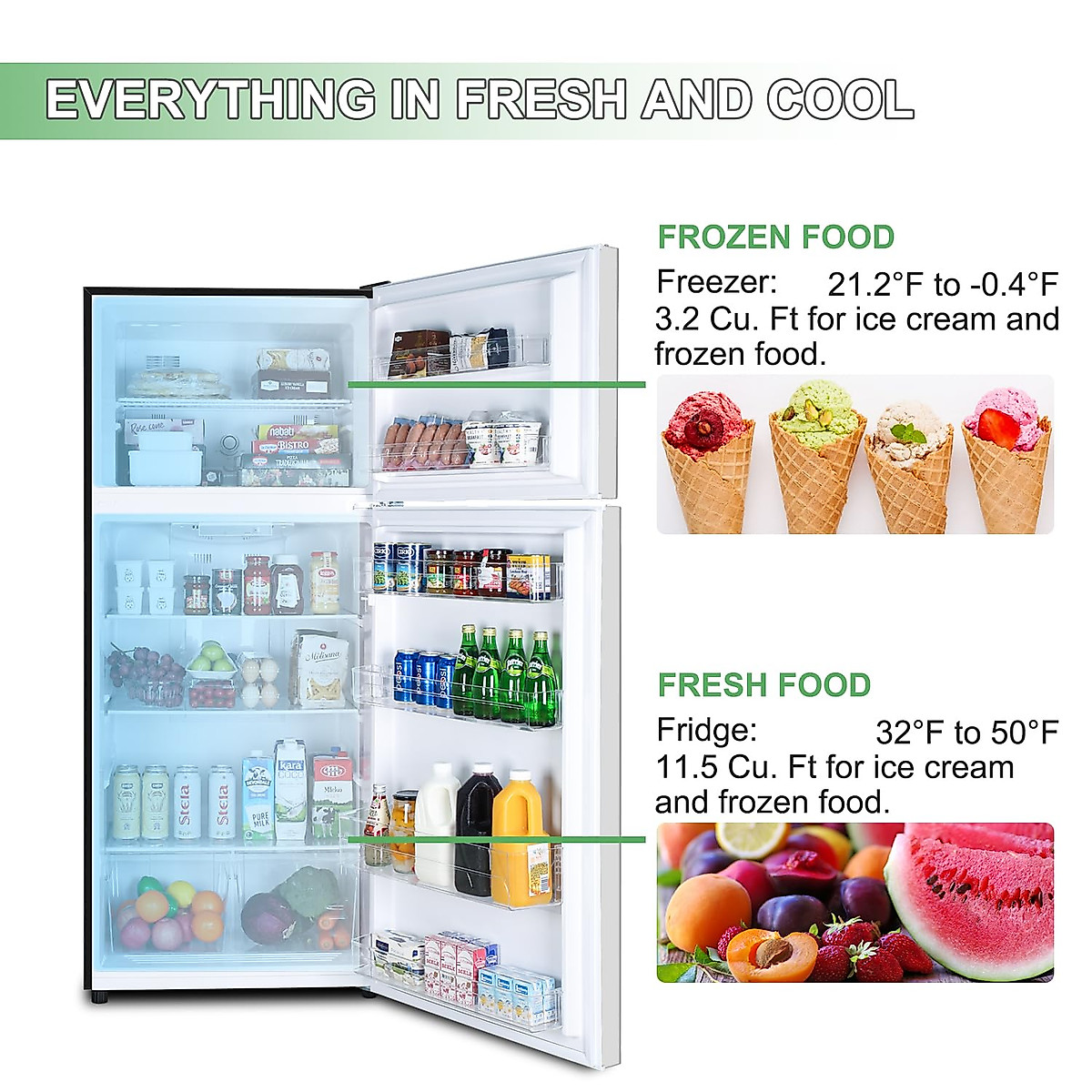 Frestec 14.6 CU' Refrigerator with Freezer, Apartment Size Refrigerator Top Freezer, 2 Door Fridge with Adjustable Thermostat Control, Freestanding, Door Swing, Stainless Steel (FR 1462 SL)