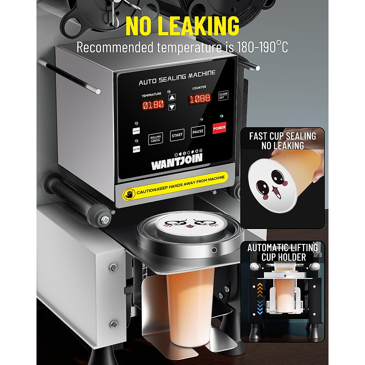 WantJoin Cup Sealing Machine - Full Automatic Cup Sealer Machine 90/95mm, 35.4/37.4in, 500-650 Cups/H Commercial Digital Control LCD Panel Electric Cup Sealer for Bubble, Milk Tea, Coffee, Grey