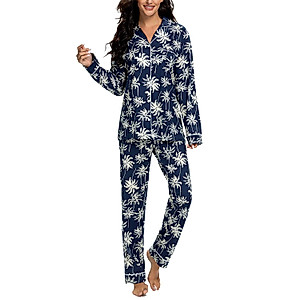 Tugege Pajamas Set Long Sleeve Sleepwear Women Button Down Nightwear Pj Lounge Sets (Deep Blue Coconut, Large)