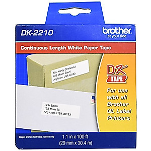 Brother Genuine DK-2210 Continuous Length Black on White Paper Tape for Brother QL Label Printers, 1.1" x 100' (29mm x 30.4M), 1 Roll per Box, DK2210