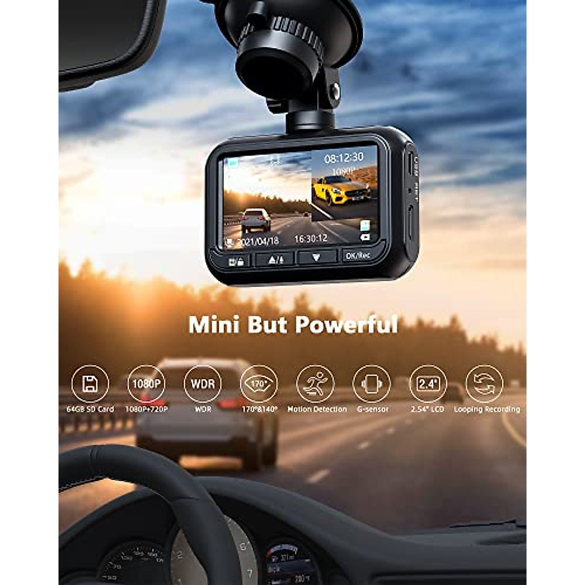LAMTTO 1080P Full HD Dash Cam Front and Rear with SD Card, Dual Dash Camera for Cars, 2.45" IPS Screen Car Camera with Waterproof Backup Cam, WDR Motion Detection Parking Monitor G-Sensor