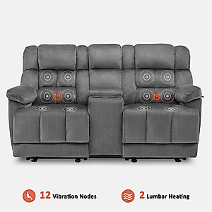 MCombo Fabric Power Loveseat Recliner with Console, Electric Reclining Loveseat Sofa with Heat and Vibration, USB Charge Ports for Living Room RS6234 (Grey)