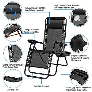iMounTEK Set of 2 Adjustable Zero-Gravity Reclining Outdoor Lounge Chairs w/Pillows & Cup Holder Side Tray, Supports 330lbs, for Patio, Porch, Deck, Poolside, Beach, Lawn, Yard - Black/Blue/Brown/Tan