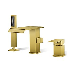 Modern Roman Tub Faucet with Hand Shower, Deck Mount Tub Filler Bathtub Faucet with Sprayer, Single Handle Bathtub Faucet Set, Widespread 3 Hole Bathtub Faucet (Brushed gold-Wide Spout)