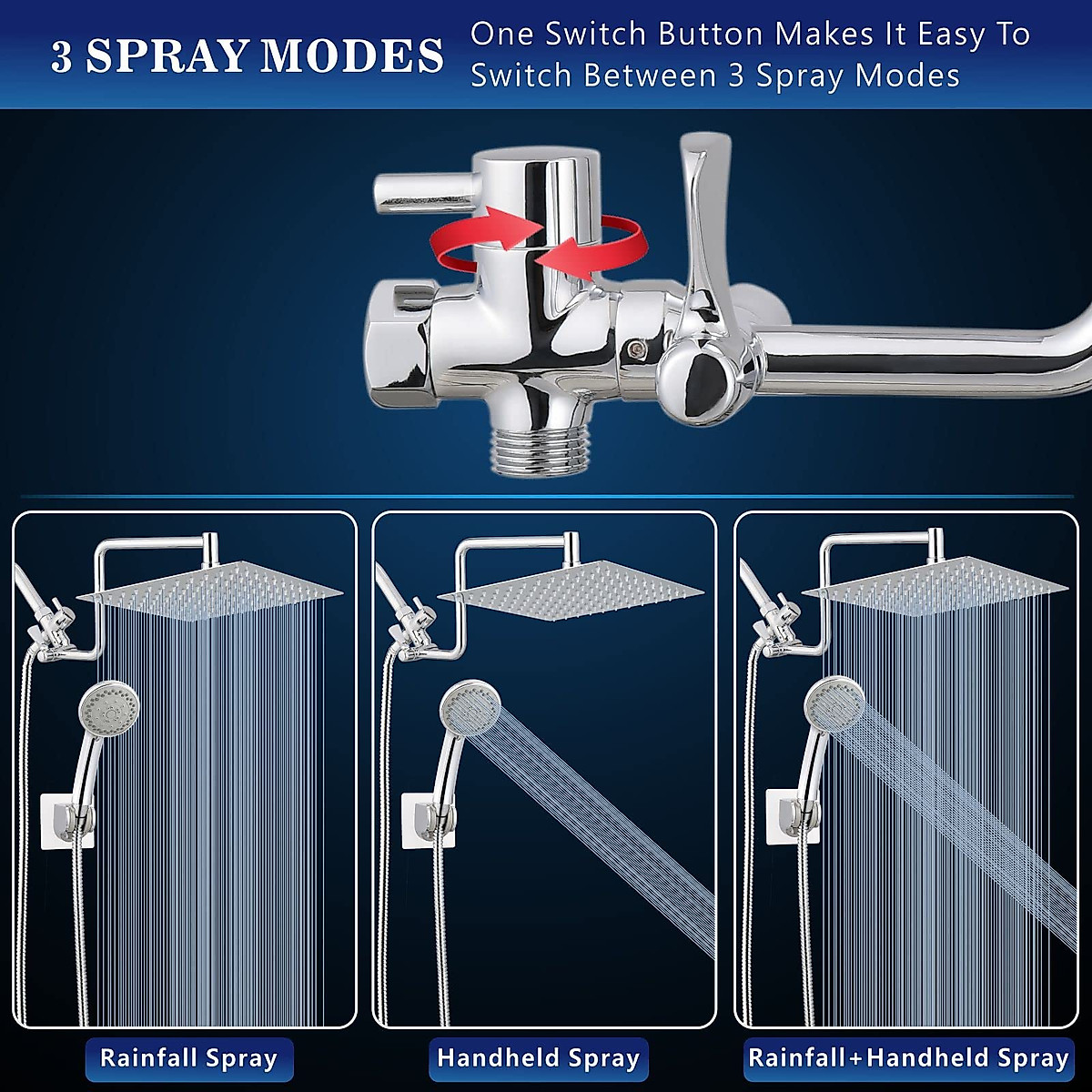 Nuodan Dual Shower Head, 10'' High Pressure Rain Shower Head / 5 Spray Handheld Showerhead Combo with 14'' Adjustable Shower Extension Arm, Hose and Adhesive Shower Holder (Chrome)