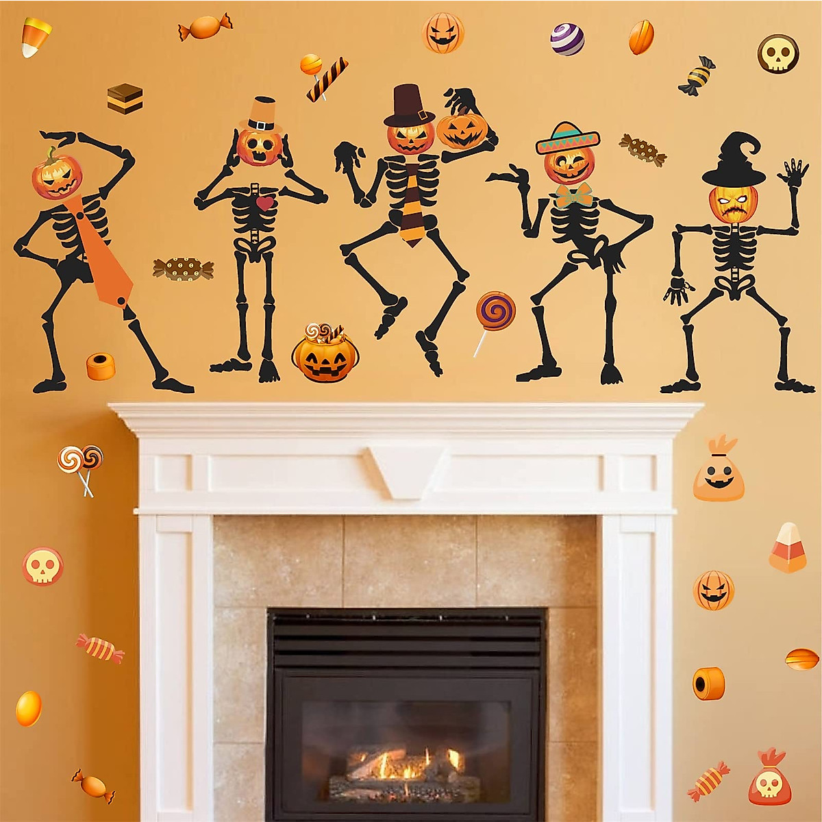 Halloween Skeleton Wall Decal Halloween Wall Stickers Pumpkin Candy Wall Decals Vinyl Halloween Window Clings Peel and Stick for Kids Room Window Halloween Party Decor
