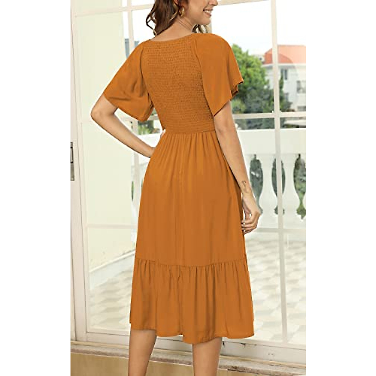 Kranda Women Short Flutter Sleeve V Neck Smocked Solid Pleat Midi Dress Pumkin Spice M