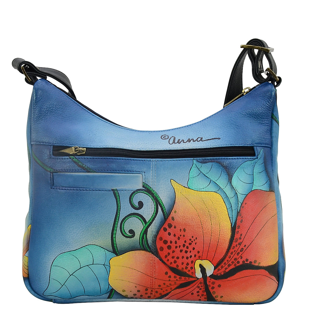 Anna by Anuschka Women's Genuine Leather Medium Hobo Shoulder Bag | Hand Painted Original Artwork | Midnight Floral