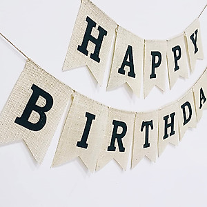 Burlap Happy Birthday Banner, Assembled Reusable Black Happy Birthday Sign for Rustic Birthday Party Decorations